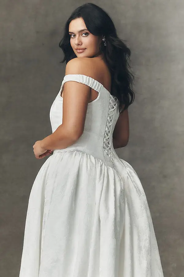 Watters Stella Off-shoulder Basque-waist Gown
