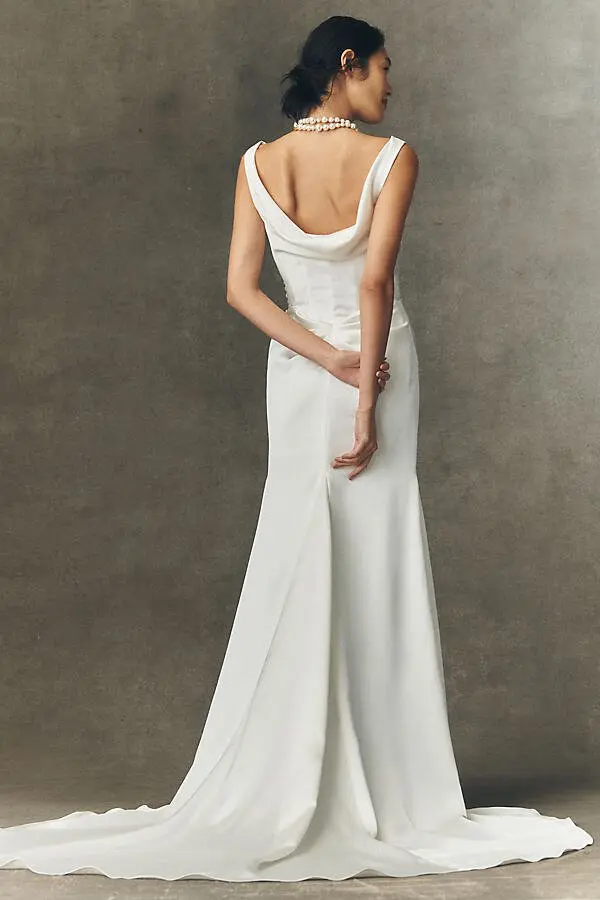 Watters Amaryliss Cowled Satin Column Wedding Gown - Ivory | Editorialist