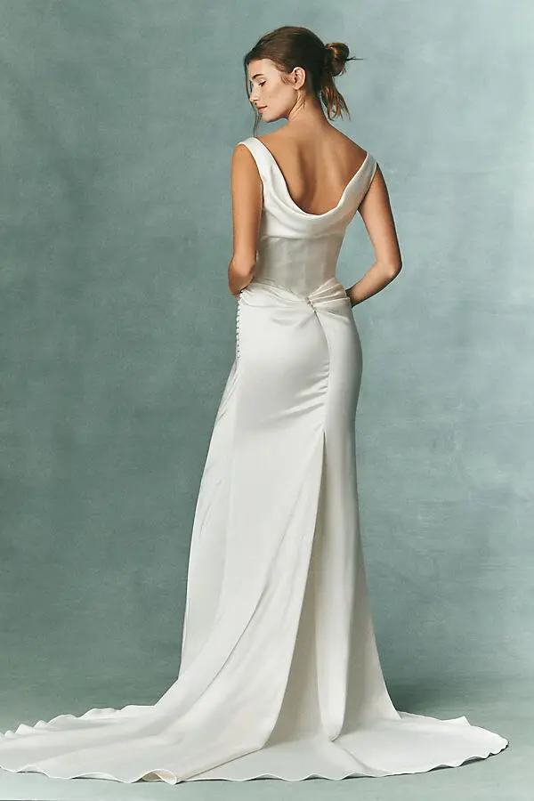 Watters Amaryliss Cowled Satin Column Wedding Gown In Ivory - 25% Off |  Editorialist