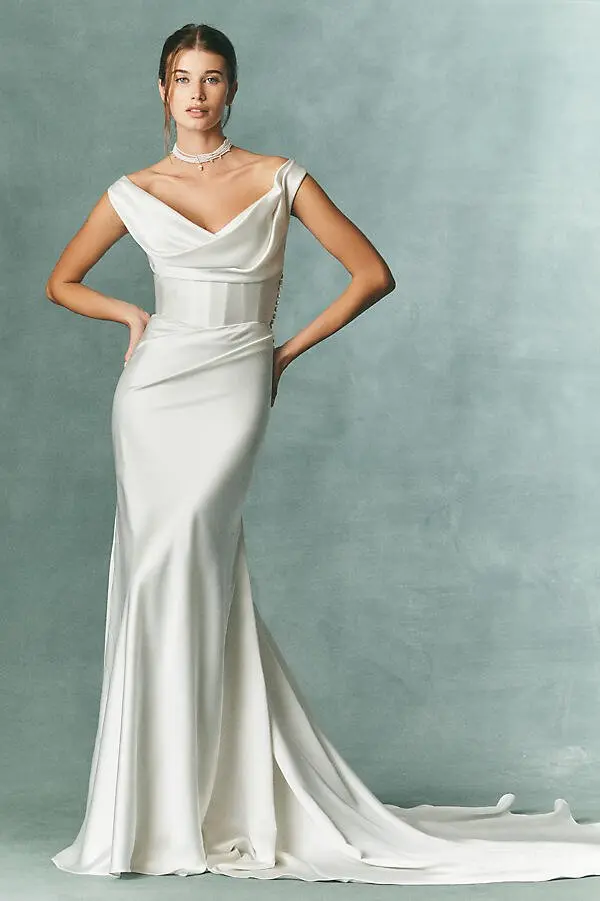 Watters Amaryliss Cowled Satin Column Wedding Gown