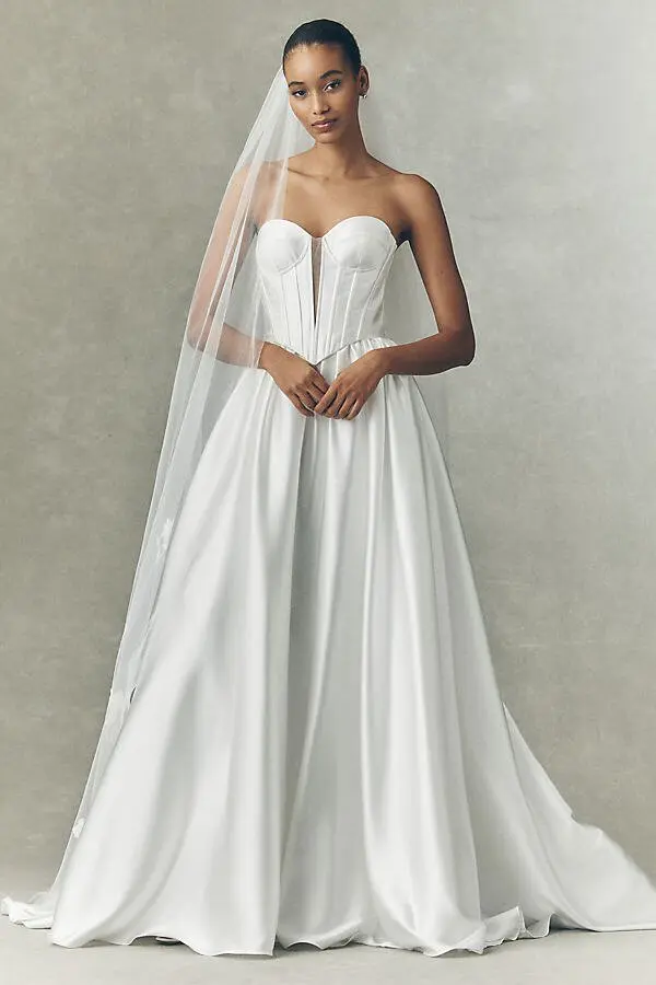 Watters Cara Strapless Fit & Flare Satin Gown