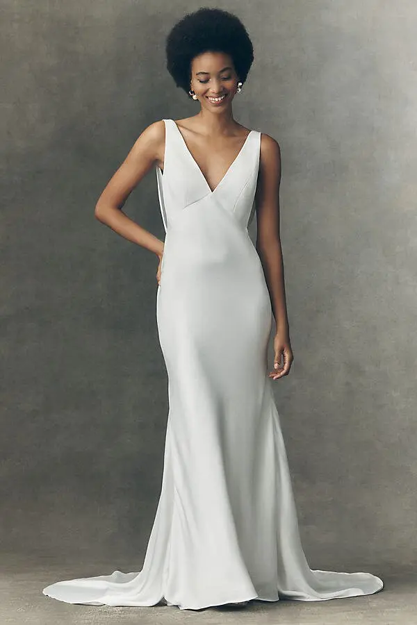 Jenny Yoo Satin V-neck Open-back Gown