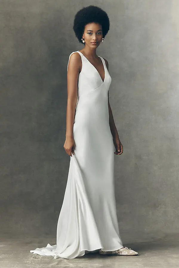 Jenny Yoo Satin V-neck Open-back Gown