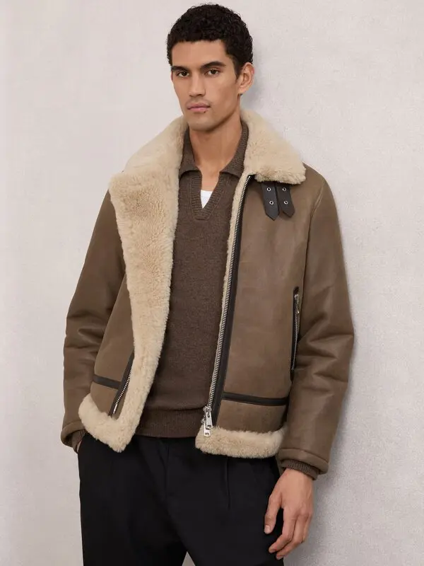 REISS Hardy Shearling-collar Leather Jacket - Light Brown