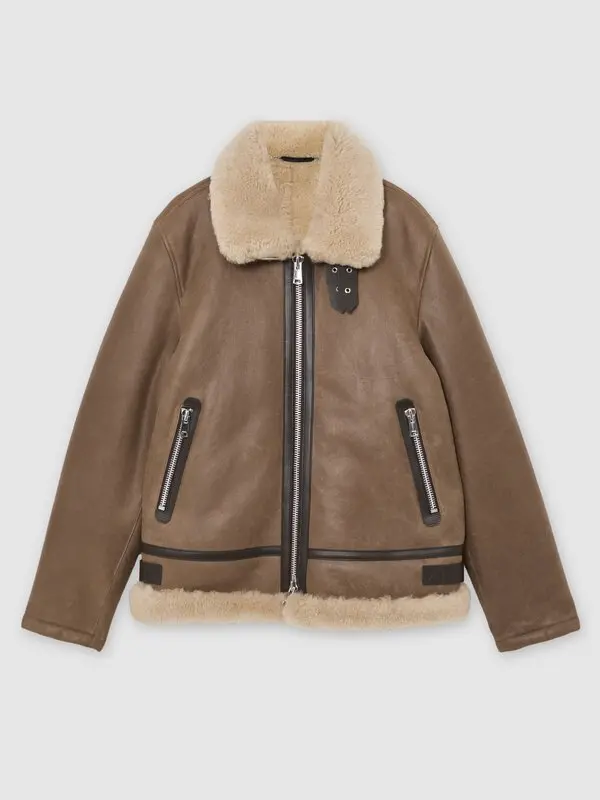 REISS Hardy Shearling-collar Leather Jacket - Light Brown