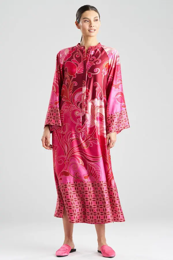 Natori Deco Printed Charmeuse Zip Caftan - Red