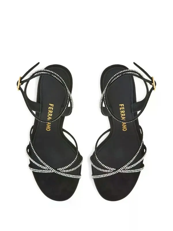 FERRAGAMO Spherical Heel Crystal Embellished Suede Sandals