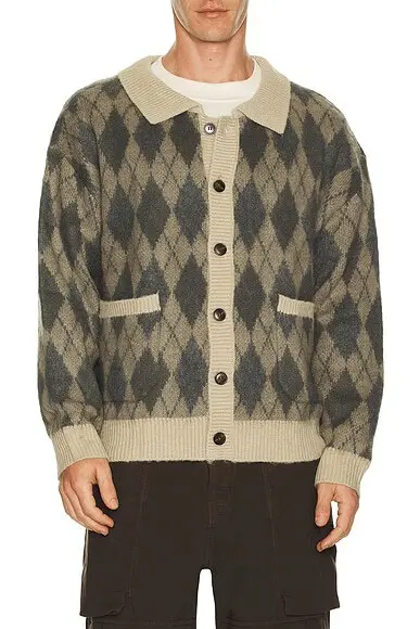 FOUND Wool Blend Argyle Cardigan - Grayscale
