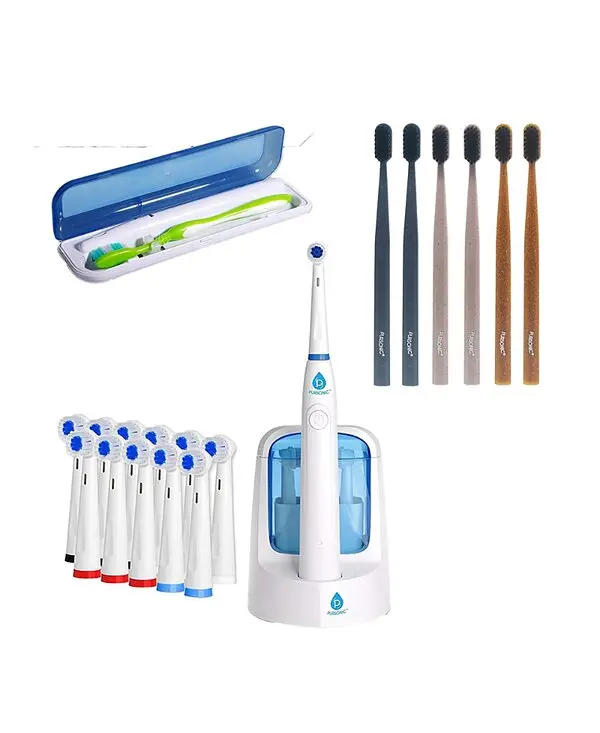 PURSONIC Family Dental Care Bundle: Ret200 Oscillating Electric Rechargeable Toothbrush, Eco-friendly Cedarwood Toothbrushes Portable Uv Toothbrush Sanitizer - Multicolor