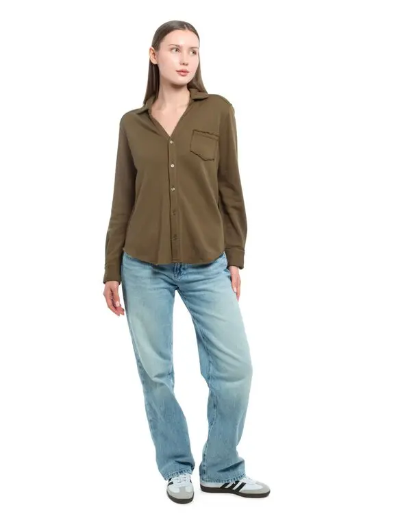 Wilt Button Front French Terry Sweatshirt With Pocket - Dark Olive