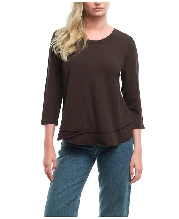 WILT CLOTHING 3/4 Sleeve Shrunken Crew Mock Layer Tee - Chocolate Torte
