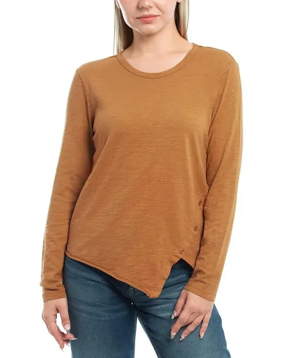 WILT CLOTHING Asymmetrical Hem Tee With Button Detail - Medium Brown
