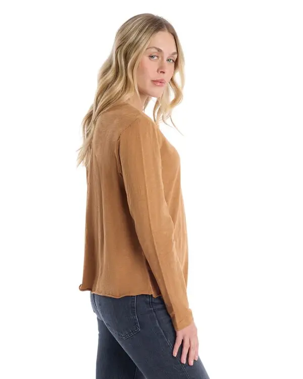 Wilt Clothing Asymmetrical Hem Button Detail Long Sleeve Tee - Medium Brown