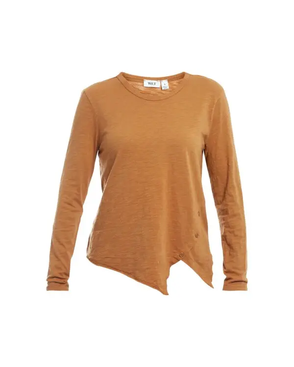 Wilt Clothing Asymmetrical Hem Button Detail Long Sleeve Tee - Medium Brown