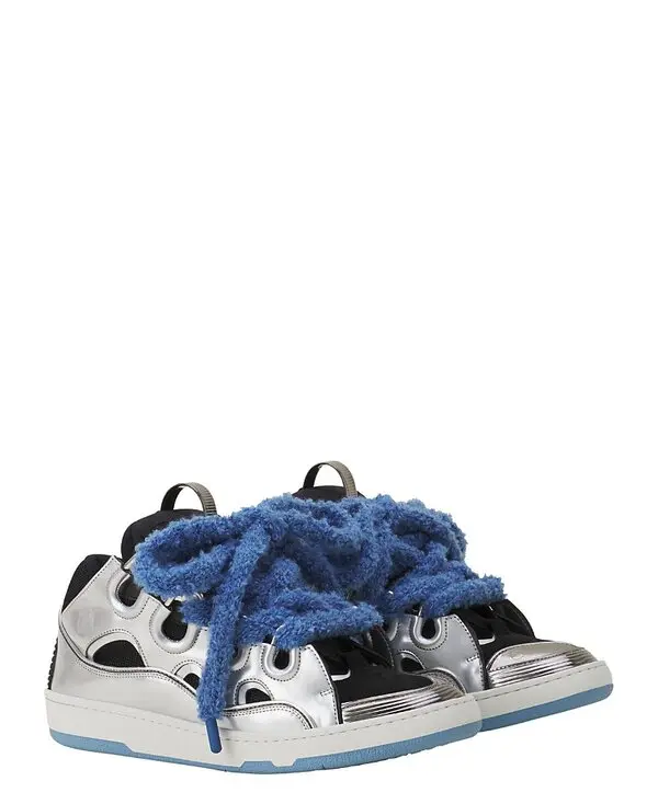 LANVIN Curb Metallic Leather Sneakers With Mesh Laces - Silver