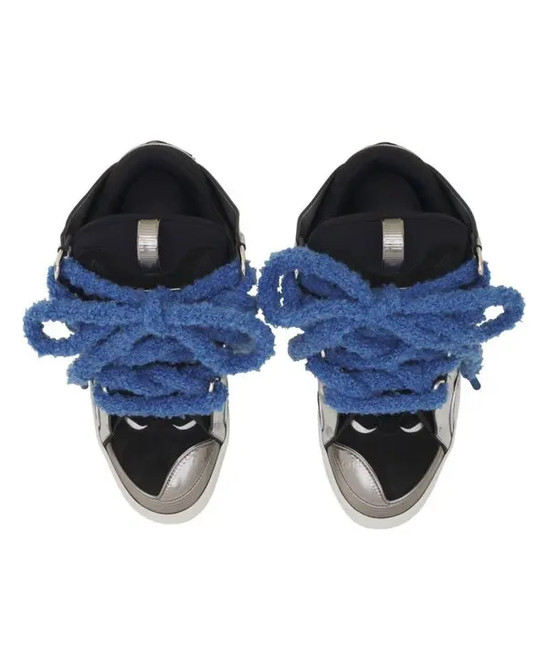 LANVIN Curb Metallic Leather Sneakers With Mesh Laces - Silver