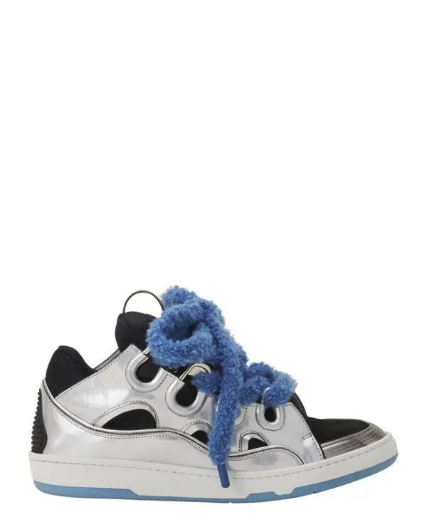 LANVIN Curb Metallic Leather Sneakers With Mesh Laces - Silver