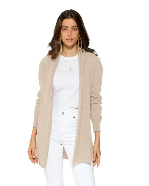 MONTICELLI CASHMERE Long Open Front Pure Cashmere Cardigan - Beige