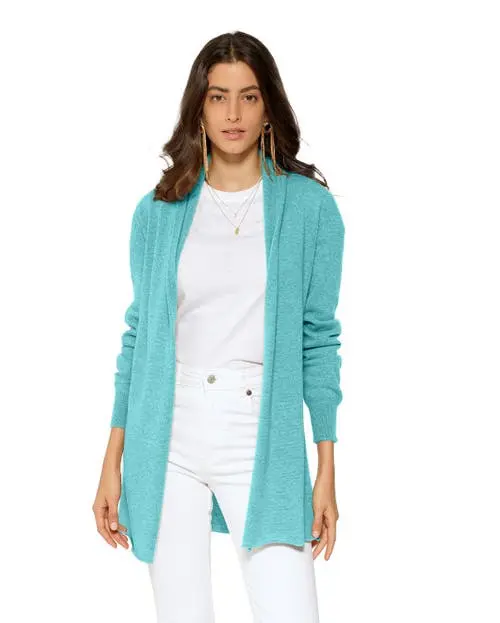 MONTICELLI CASHMERE Long Open Front Pure Cashmere Cardigan - Cyan
