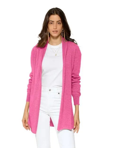 MONTICELLI CASHMERE Long Open Front Pure Cashmere Cardigan - Fuchsia