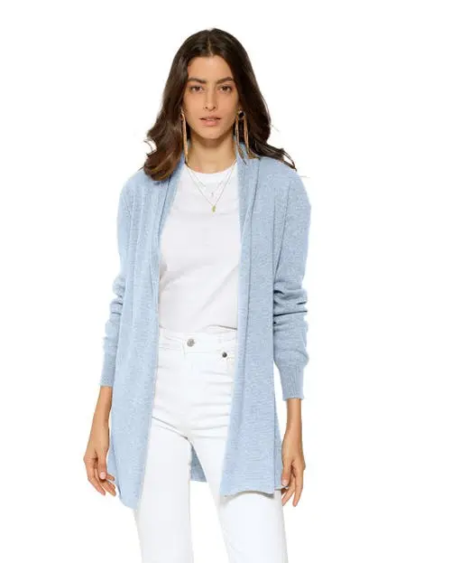 MONTICELLI CASHMERE Long Open Front Pure Cashmere Cardigan - Pastel Blue