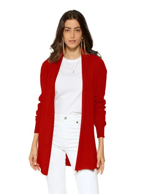 MONTICELLI CASHMERE Long Open Front Pure Cashmere Cardigan - Red