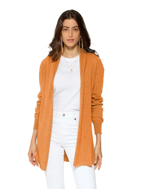 MONTICELLI CASHMERE Long Open Front Pure Cashmere Cardigan - Saffron