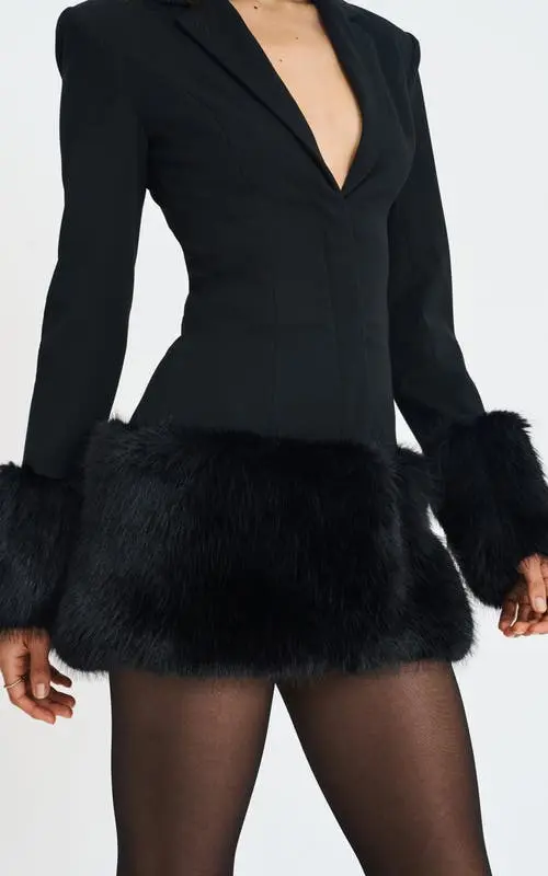 MISS CIRCLE NEW YORK Faux Fur Trimmed V-neck Mini Blazer Dress