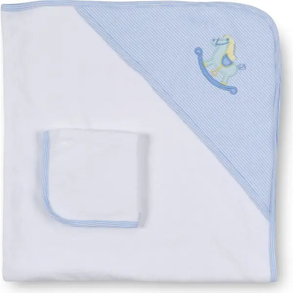 FLORENCE EISEMAN Stripe Knit Towel Set With Rocking Horse - Light Blue/ White