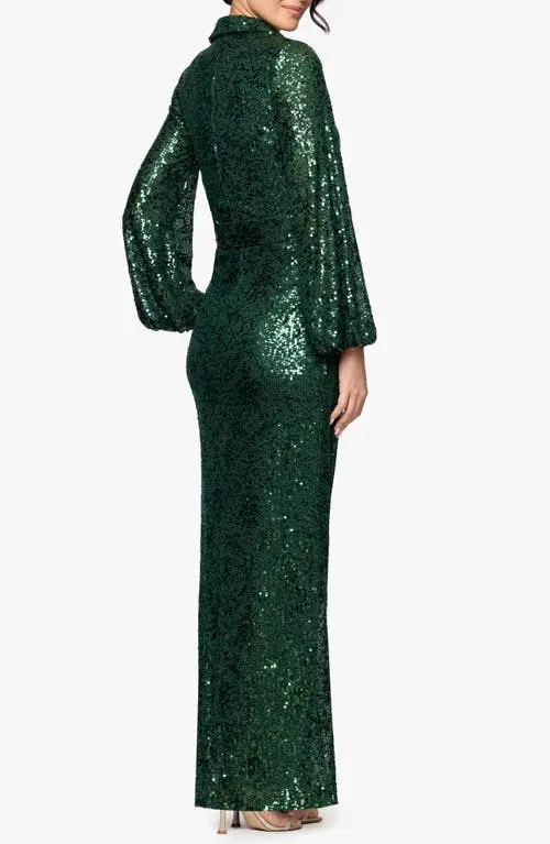 Betsy & Adam Sequin Collar Long Sleeve Gown