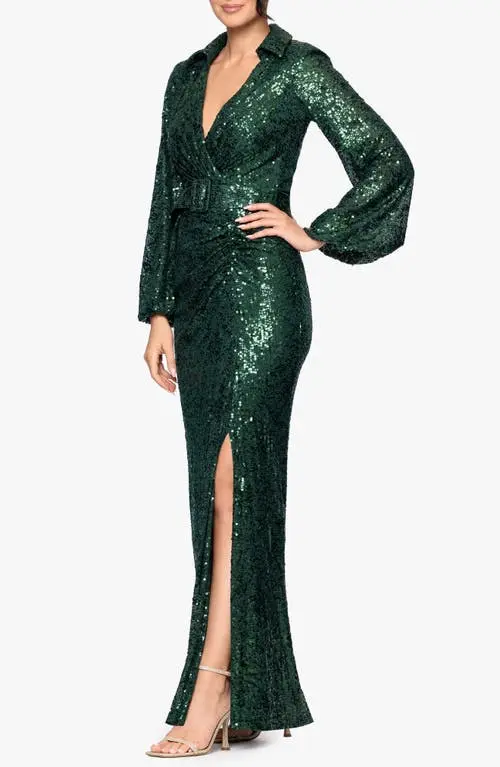 Betsy & Adam Sequin Collar Long Sleeve Gown