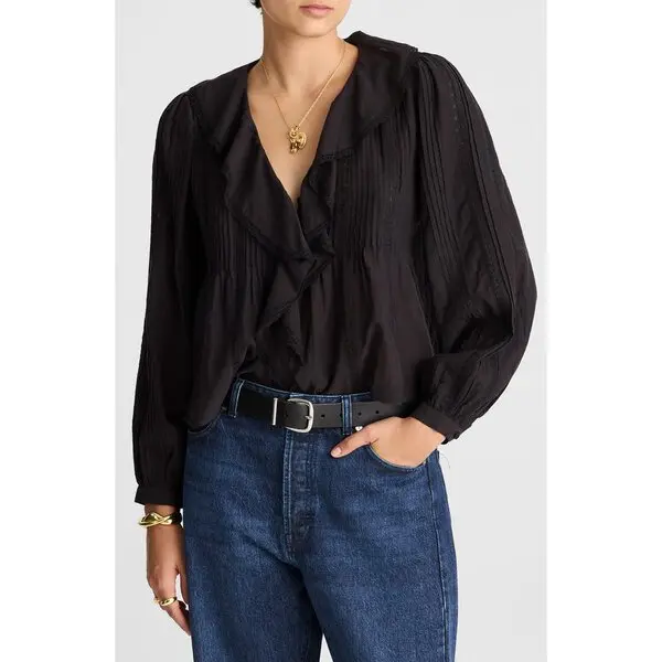 Madewell Lace Insert Ruffle Pintuck Long Sleeve Top - Jet Black