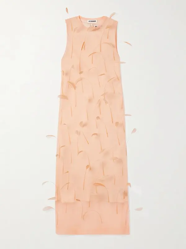 JIL SANDER Feather-embellished Layered Knitted-silk Midi Dress - Pink