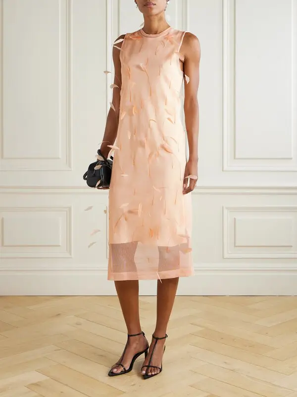 JIL SANDER Feather-embellished Layered Knitted-silk Midi Dress - Pink