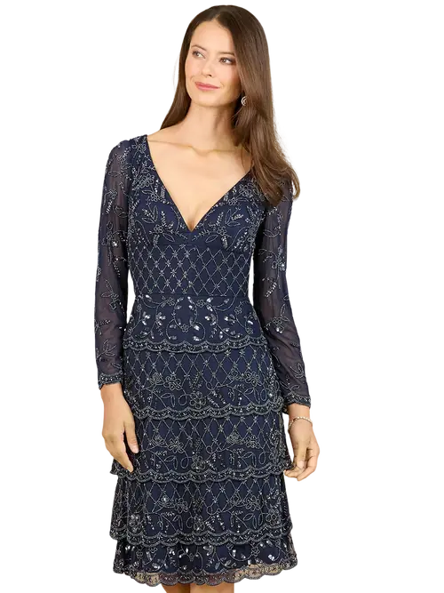 LARA NEW YORK Beaded Tulle Knee Length Dress - Navy