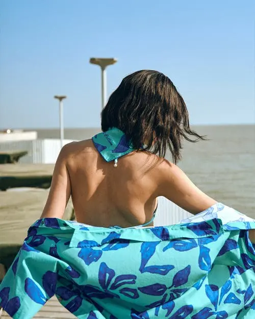 LOST PATTERN Tropical Bliss" Silk Bandana Scarf - Ocean Blue