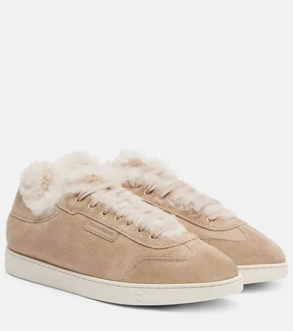 FERRAGAMO Shearling-lined Suede Sneakers - Beige