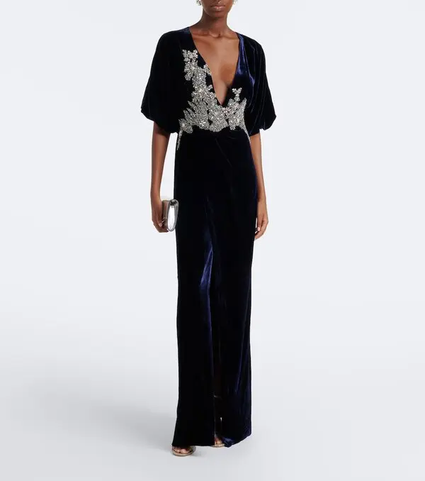 Costarellos Crystal-embellished Velvet Gown - Blue