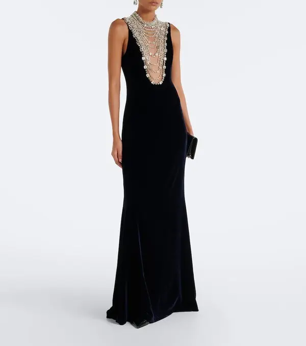 Costarellos Crystal-embellished Velvet Gown - Blue