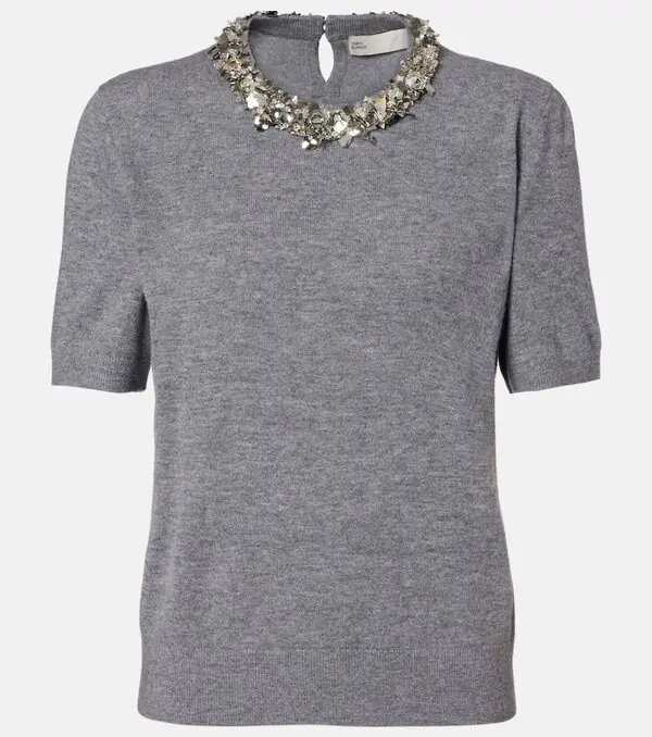 Tory Burch Embellished Wool And Cashmere Top - Grey