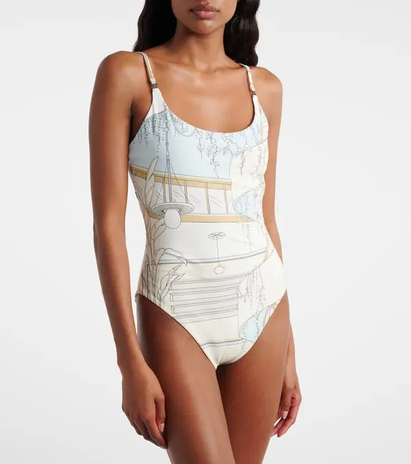 Tory Burch Printed One Piece Swimsuit - Beige