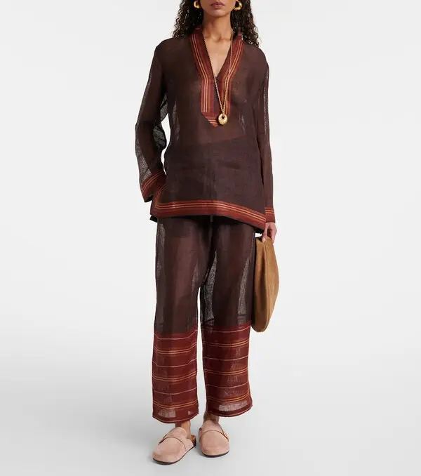 Tory Burch Striped Cropped Linen Pants - Brown