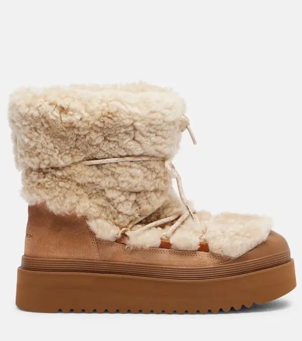 Tory Burch Mellow Shearling And Suede Lace-up Boots - Beige