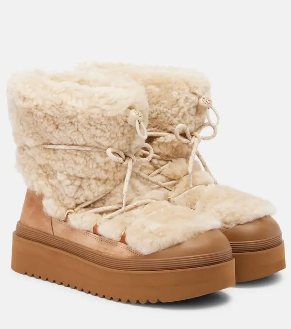Tory Burch Shearling And Suede Lace-up Boots - Beige
