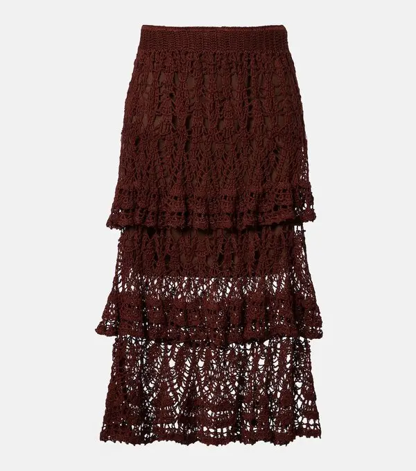 Anna Kosturova Elsie Tiered Cotton Crochet Midi Skirt - Brown