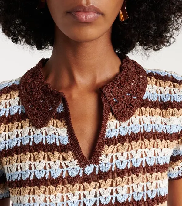 Anna Kosturova Crochet Striped Cotton Polo Shirt