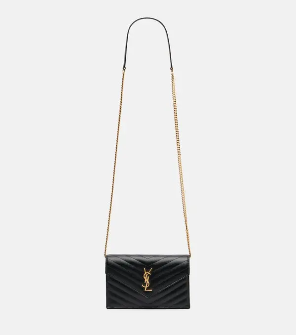 Saint Laurent Cassandre Envelope Small Leather Wallet On Chain - Black