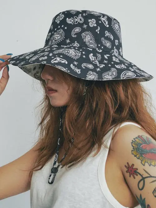 LOST PATTERN Paisley Cotton Reversible Sun Hat - Charcoal Black