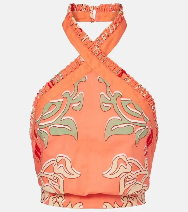 Poupette St Barth Suma Printed Cotton Crop Top - Orange