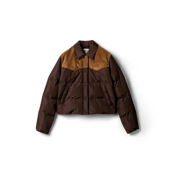 Miu Miu Technical Pongé And Leather Down Jacket - Coffee